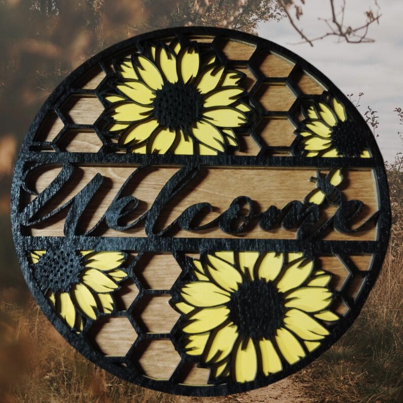 Sunflower Welcome Sign, Summer Decor,16in Round Door Hanger Wood Sign ...