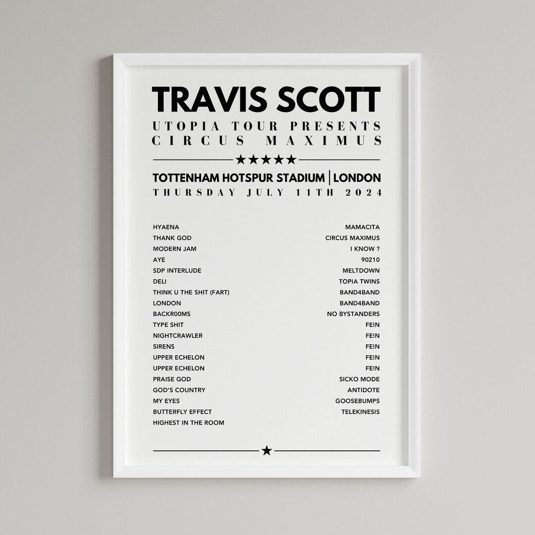 Travis Scott Setlist Poster Tottenham Hotspur Stadium, London, July ...