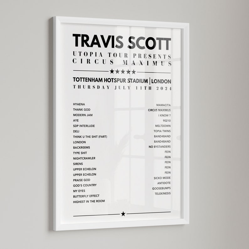 Travis Scott Setlist Poster Tottenham Hotspur Stadium, London, July ...