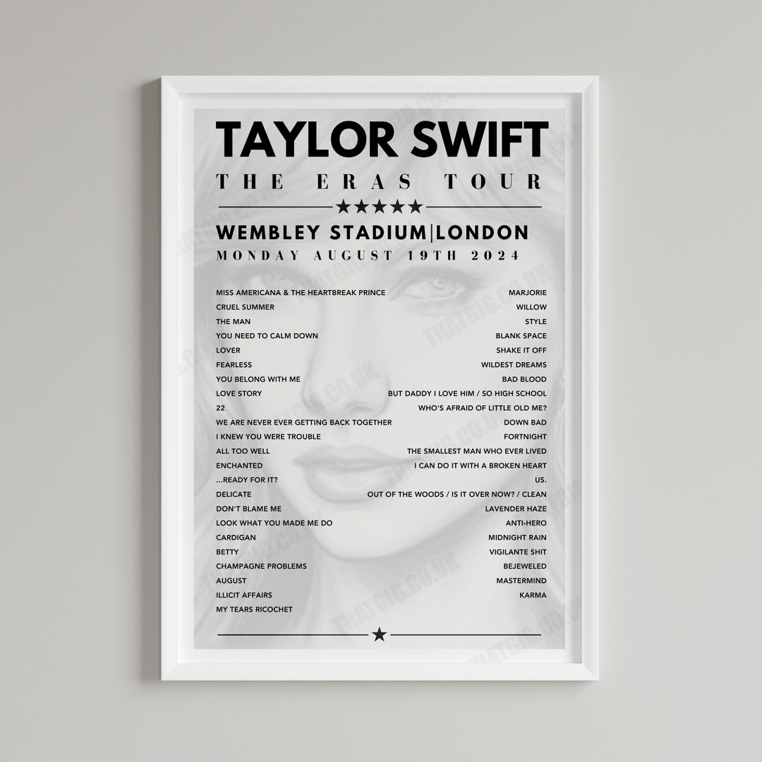 Taylor Swift Setlist Poster Wembley Stadium, London, August 19th 2024 ...