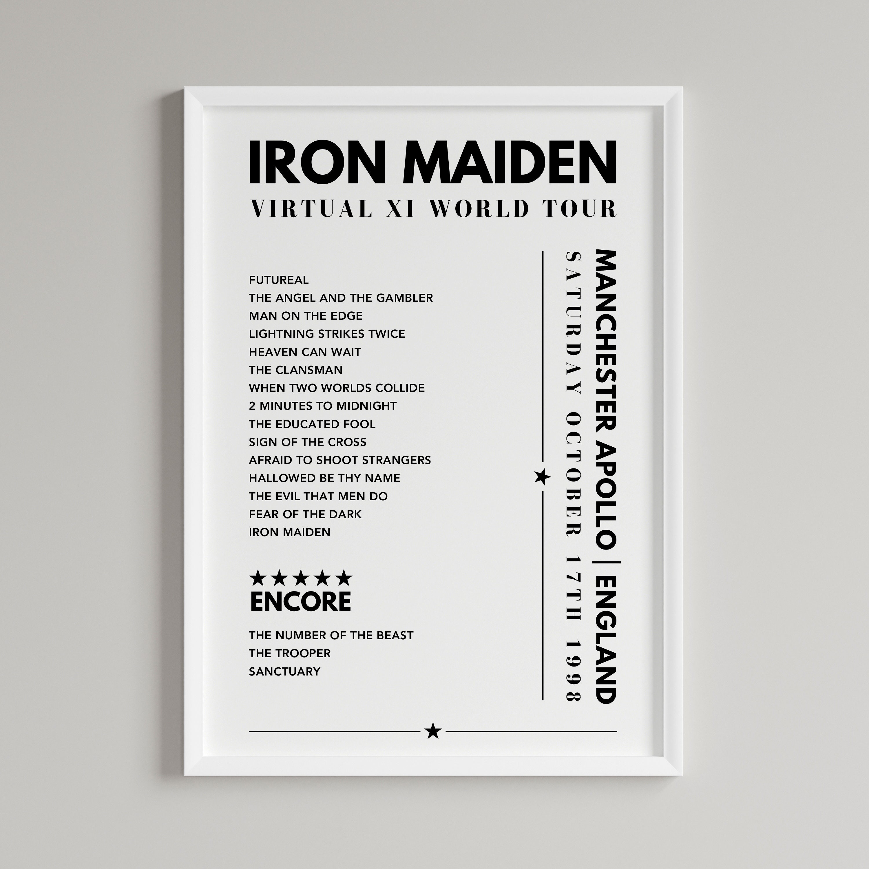 Iron Maiden Setlist Poster Manchester Apollo, England, October 17th ...