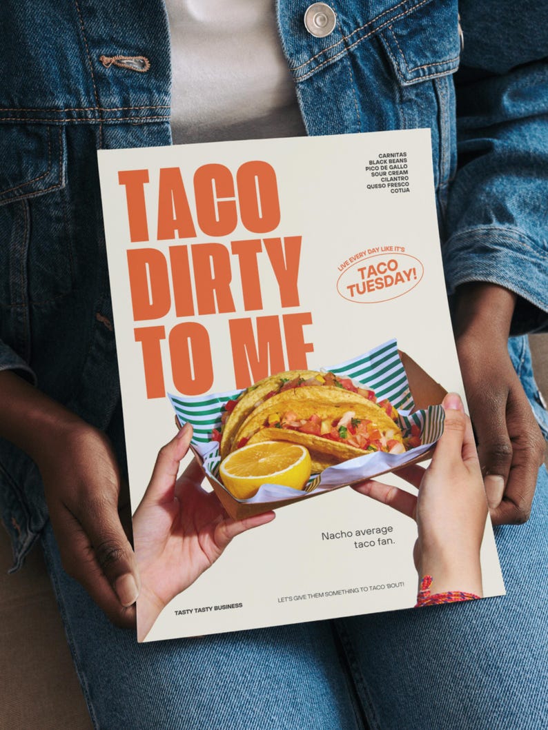 Funny Taco Poster Taco Dirty to Me Retro Street Food Wall Art Taco Pun ...