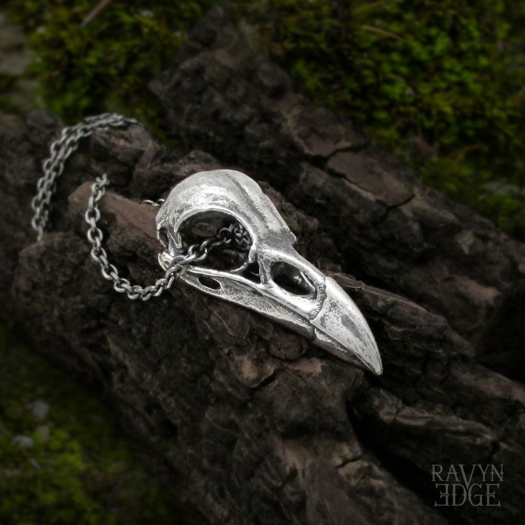 Medium Raven Skull Necklace, 925 Sterling Silver Raven Pendant, Crow ...