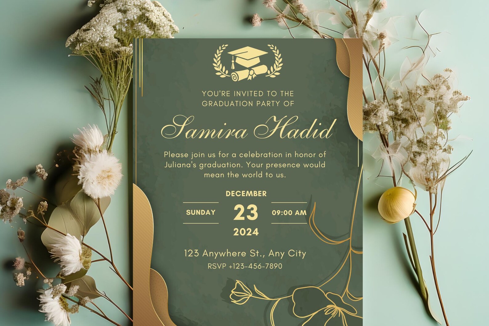 Green and Gold Luxury Graduation Invitation, Minimalist Graduation ...