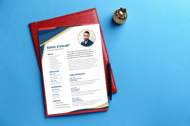 Blue and Gold Resume Template , Creative Resume Template, Clean CV ...