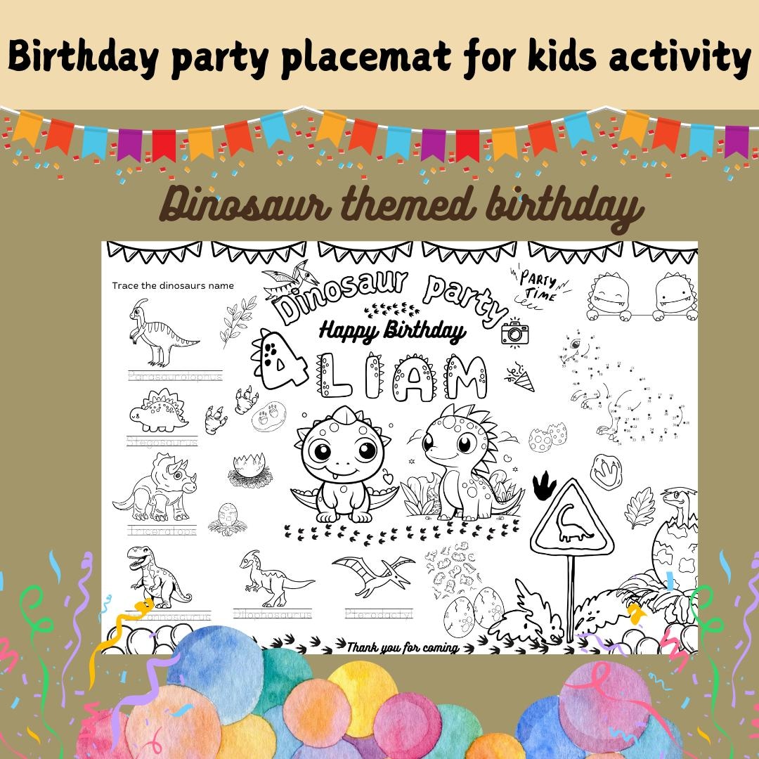 Dinosaur Themed Birthday Kids Placemat for Kids Activities ...