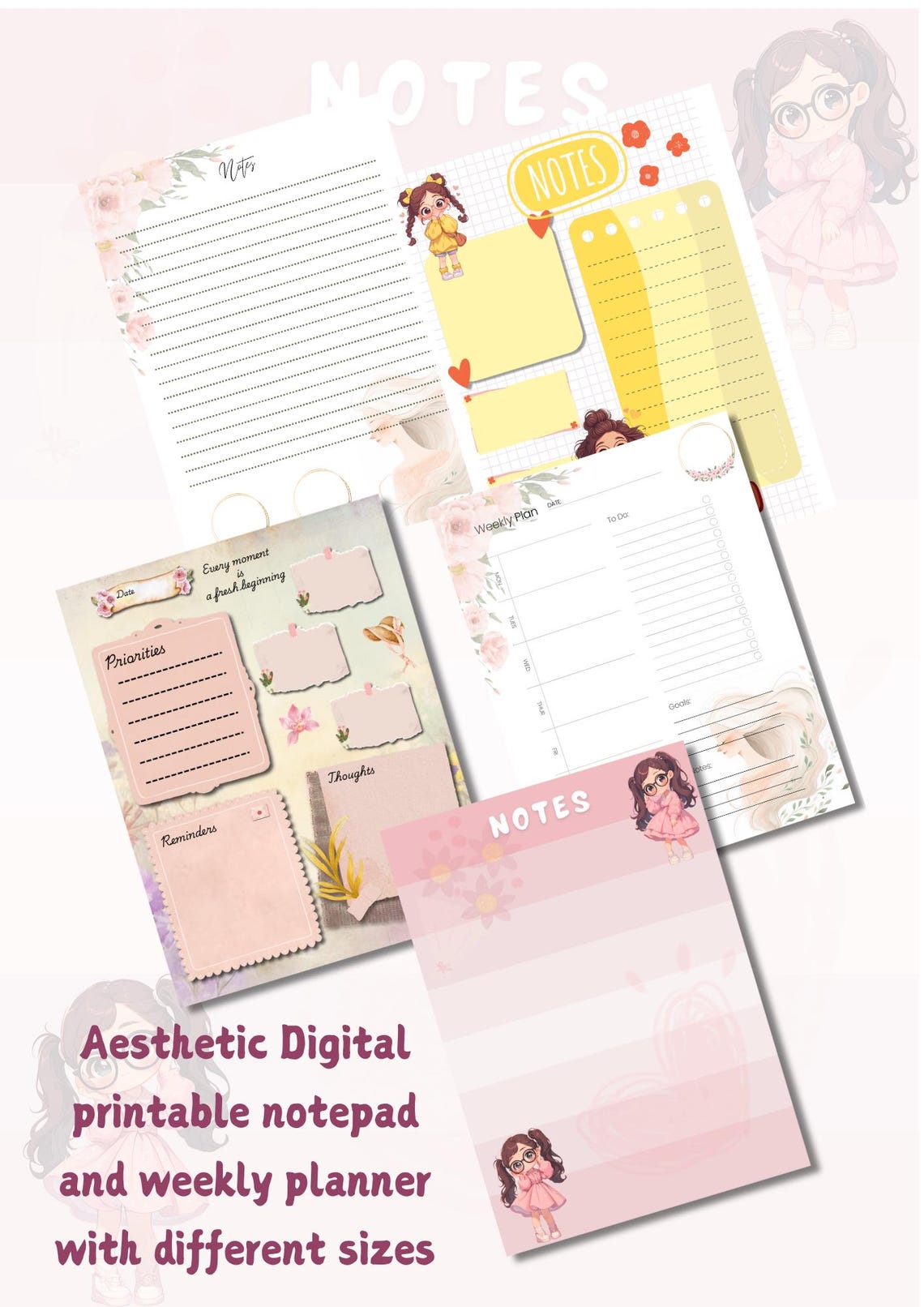 Pink Digital Printable Notepad and Weekly Planner / Yellow Memo Pad ...
