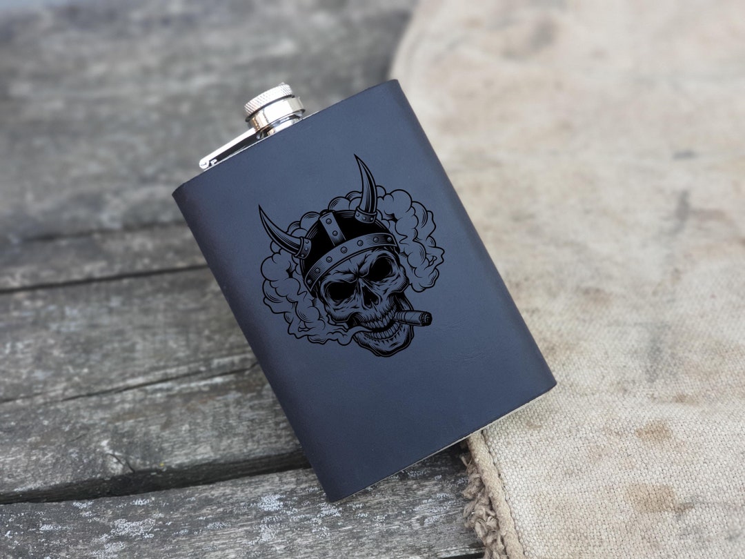 Personalized Leather Flask: Viking Skull Design, 9 Oz - Etsy