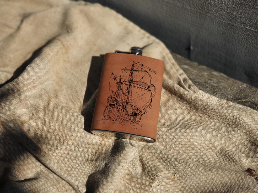 Personalized Leather Flask: Pirate Ship Design, Stainless Steel, 9 Oz ...
