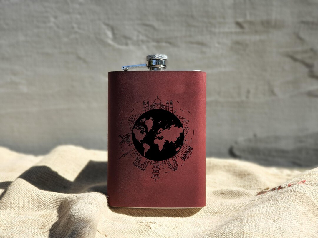 Personalized Leather Flask: World Map Travel Gift - Etsy