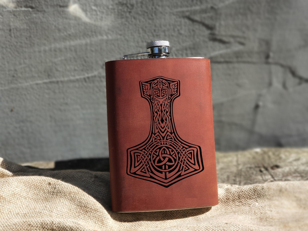 Personalized Leather Flask: Celtic Norse Viking Hammer Design - Etsy
