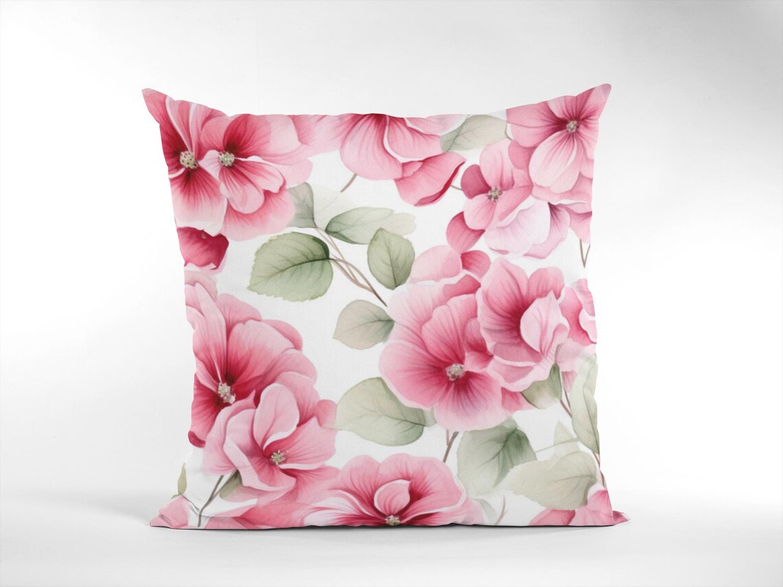 Pink Floral Square Pillow Cute Flower Botanical Home Decor Spring ...