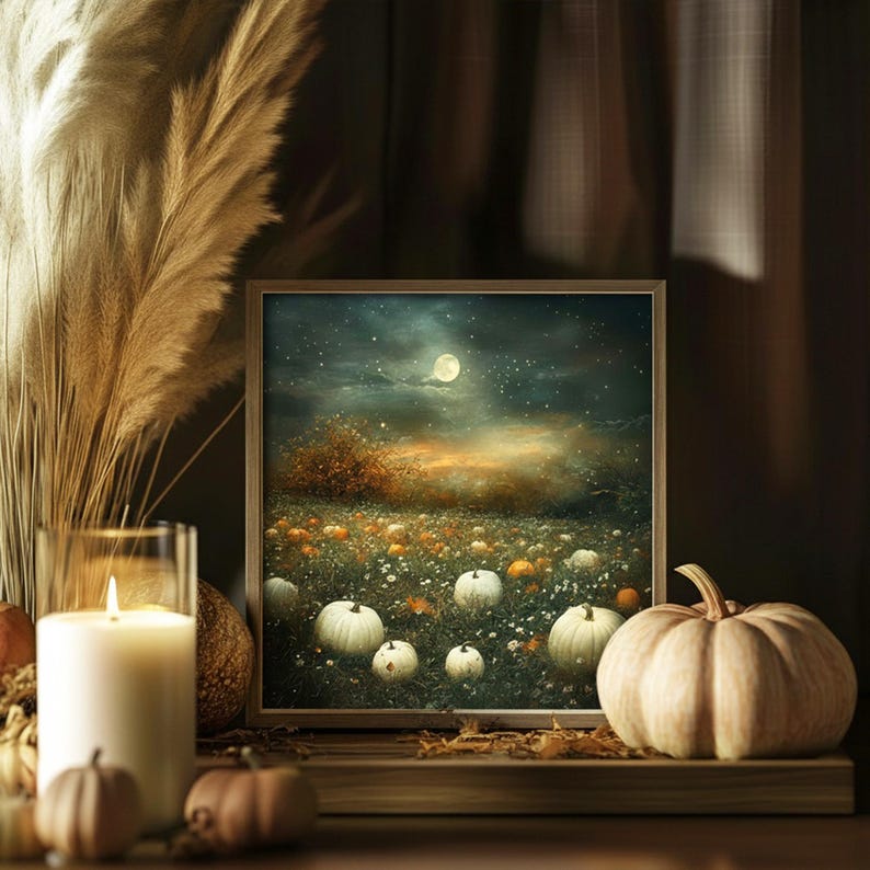 Moonlit Pumpkin Patch Wall Art | Enchanted Fall Harvest | White ...