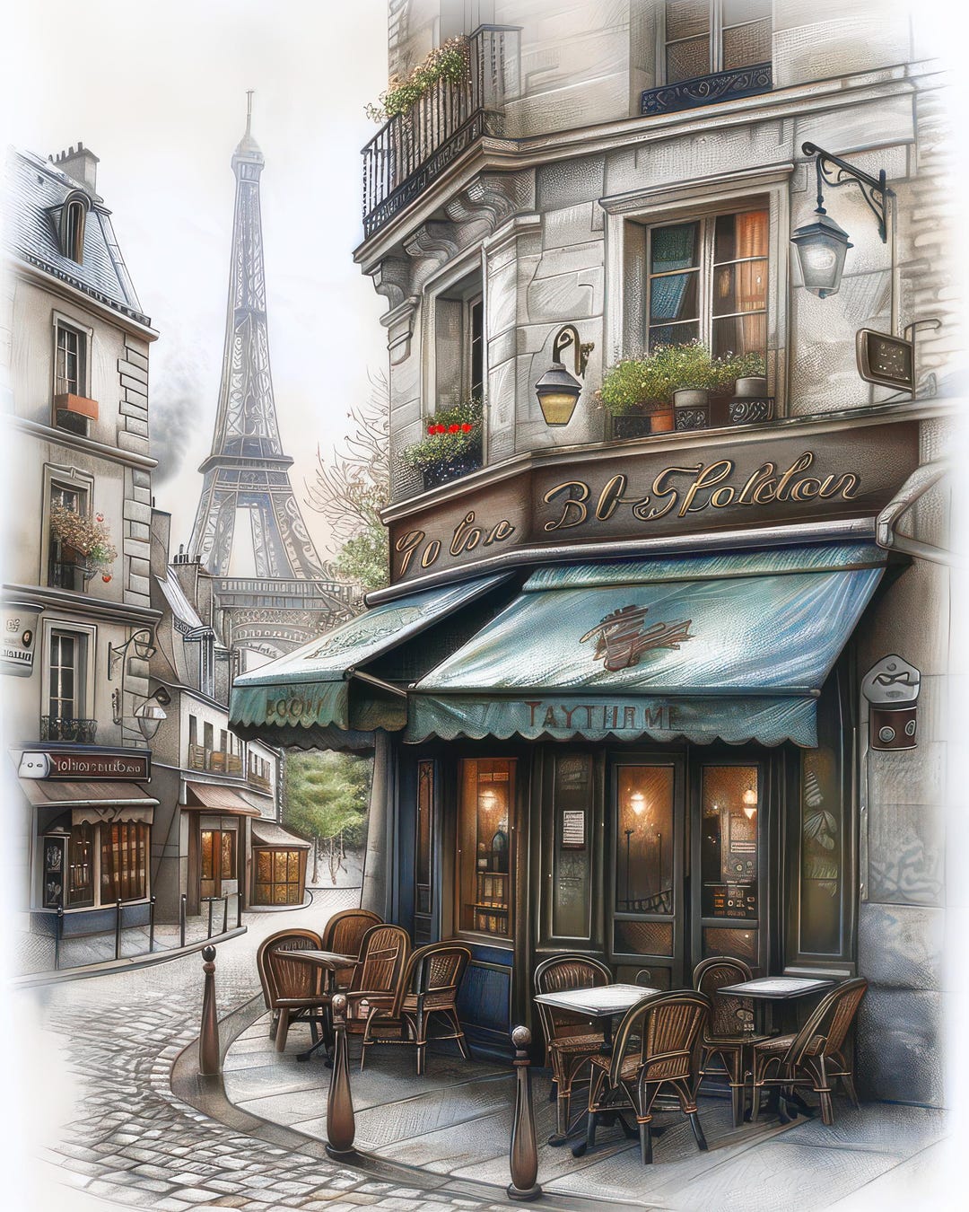 Charming Paris Café With Eiffel Tower Art -romantic Vintage French ...