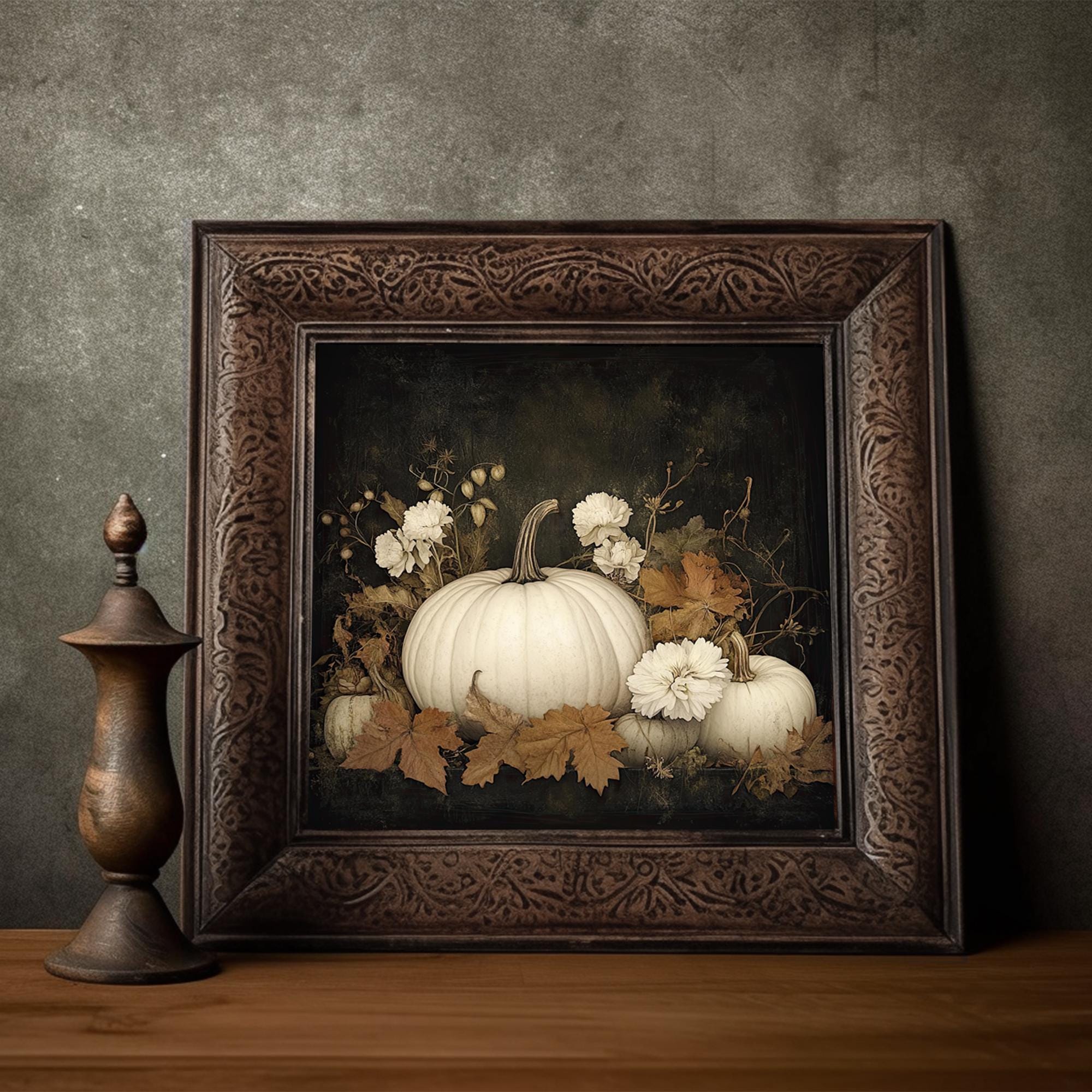 Rustic White Pumpkin and Fall Leaves Dark Wall Art | Vintage Autumn ...