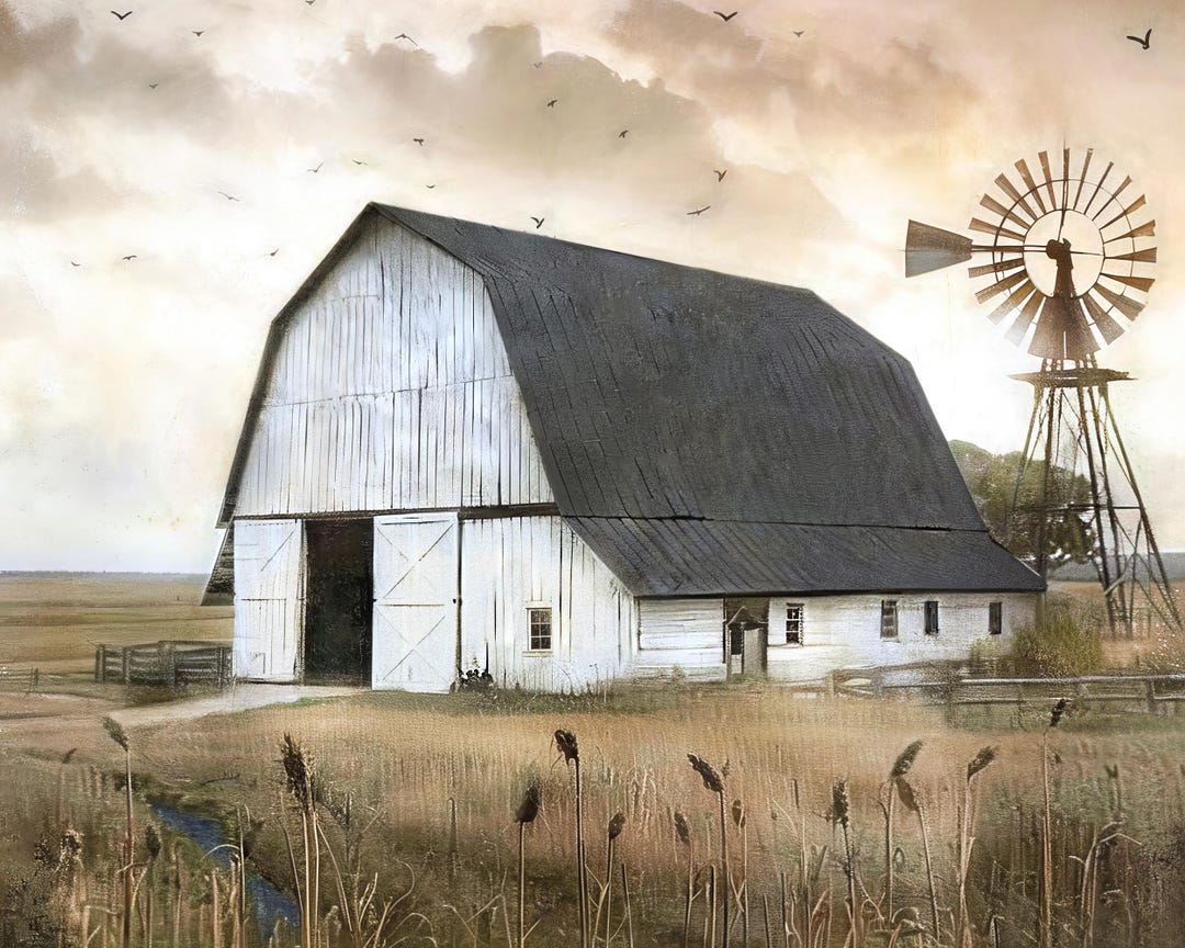 Rustic Barn and Windmill Art Print - Vintage Farmhouse Wall Decor ...