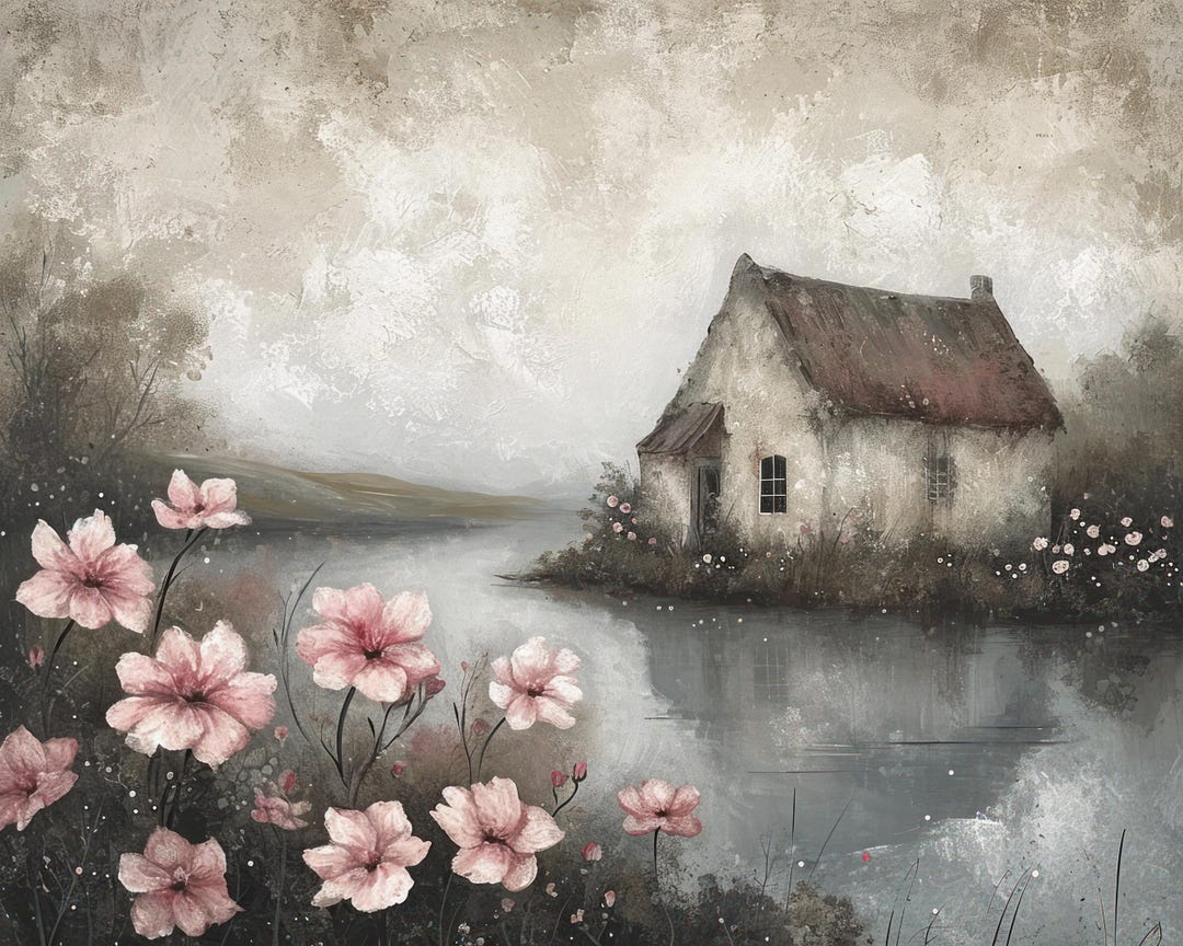 Rustic Cabin by the River With Wildflowers Printable Art - Tranquil ...