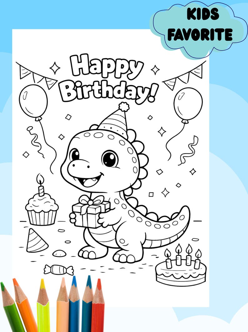 Dinosaur Birthday Coloring Page for Kids | Cute Dino Party Coloring ...
