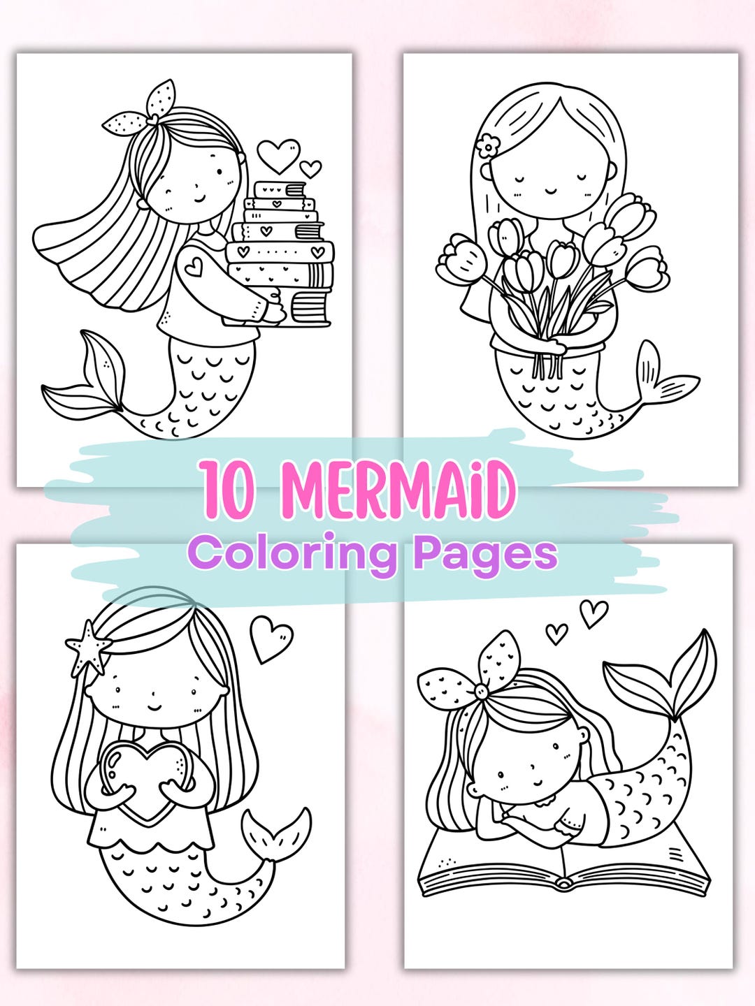 Mermaid Coloring Pages Printable for Kids, Cute Kawaii Mermaid Coloring ...