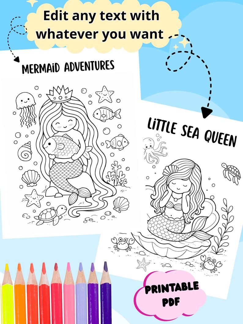 Editable Mermaid Coloring Pages | Personalized Under the Sea Printable ...
