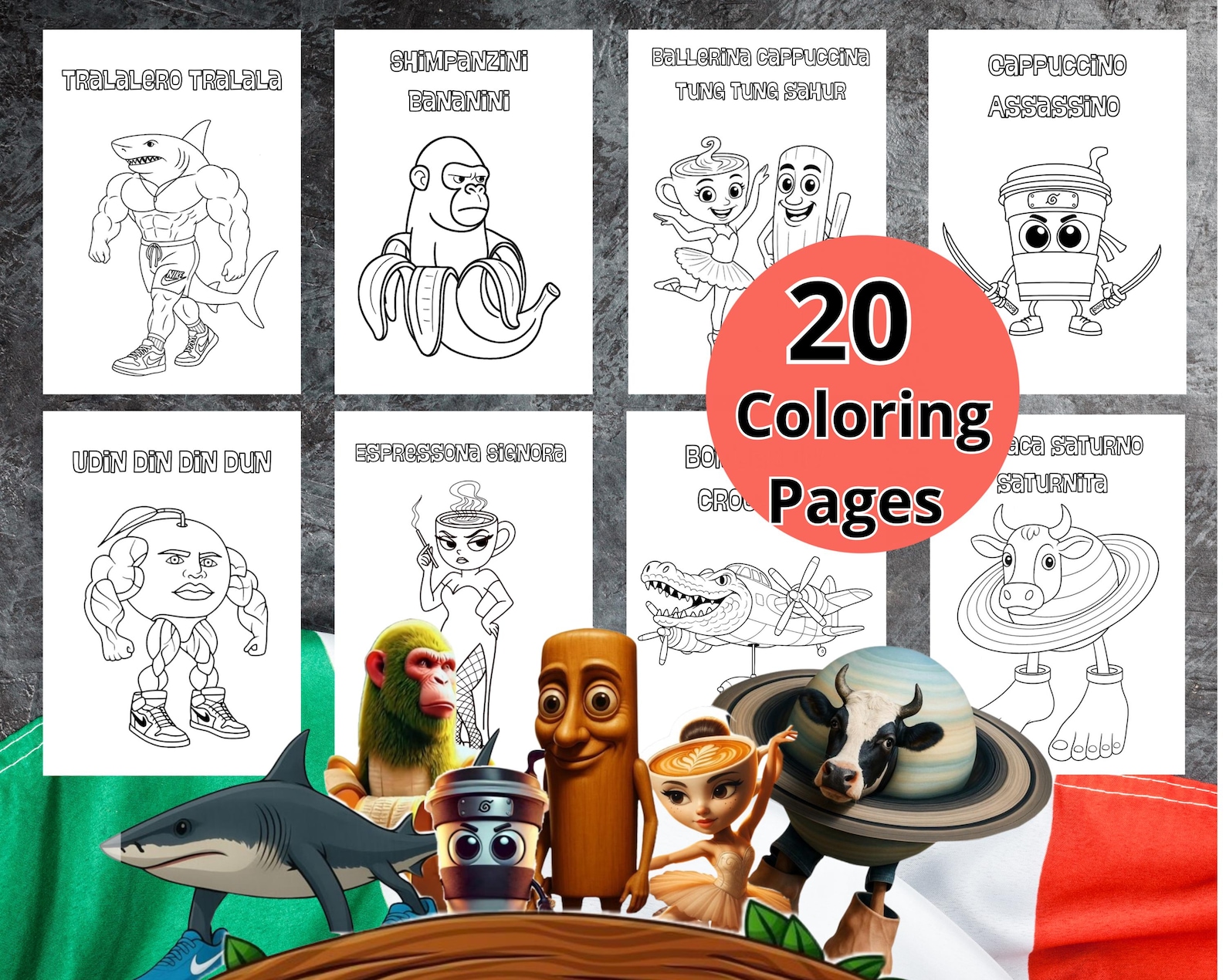 Italian Brainrot Coloring Pages for Kids | Viral Funny Printable Sheets ...