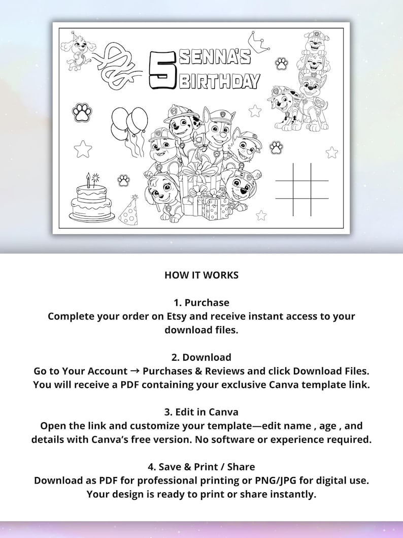 Paw Patrol Birthday Coloring Page | Editable in Canva | Single Page ...