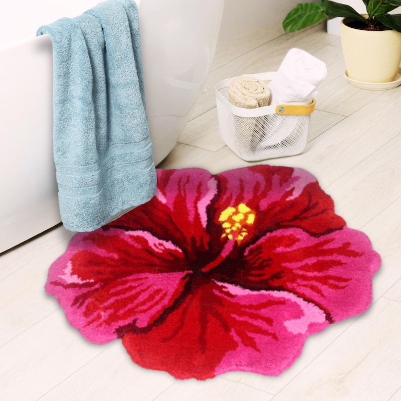 Red Hibiscus Flower Flocking Rug Floral Bath Mat Bath Mat Non-slip ...