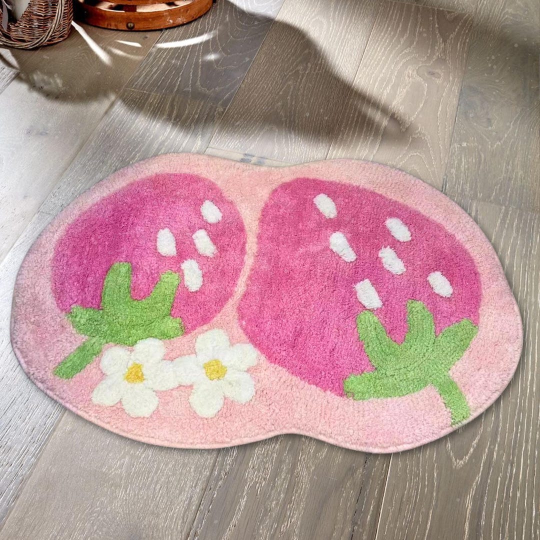Cute Strawberry Bath Mat, Tufted Fluffy Fruit Bedroom Rugs for Girls ...
