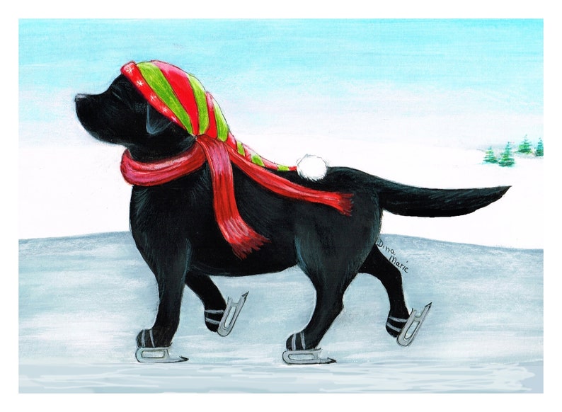 Black Lab Holiday Card Original Painting Winter Black Labrador Skating ...