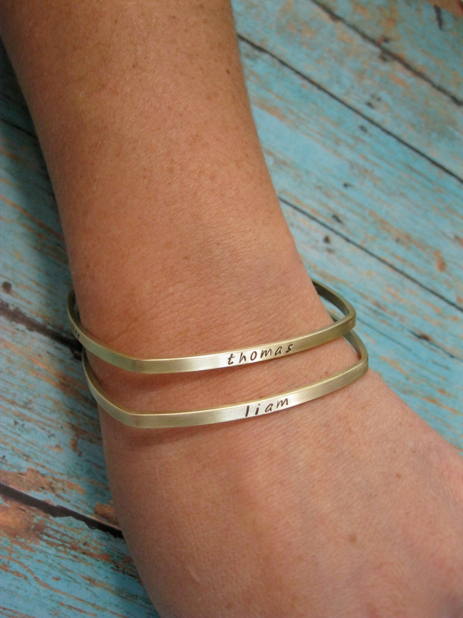 Personalized Brushed Brass Stacking Squre Bangle - Etsy