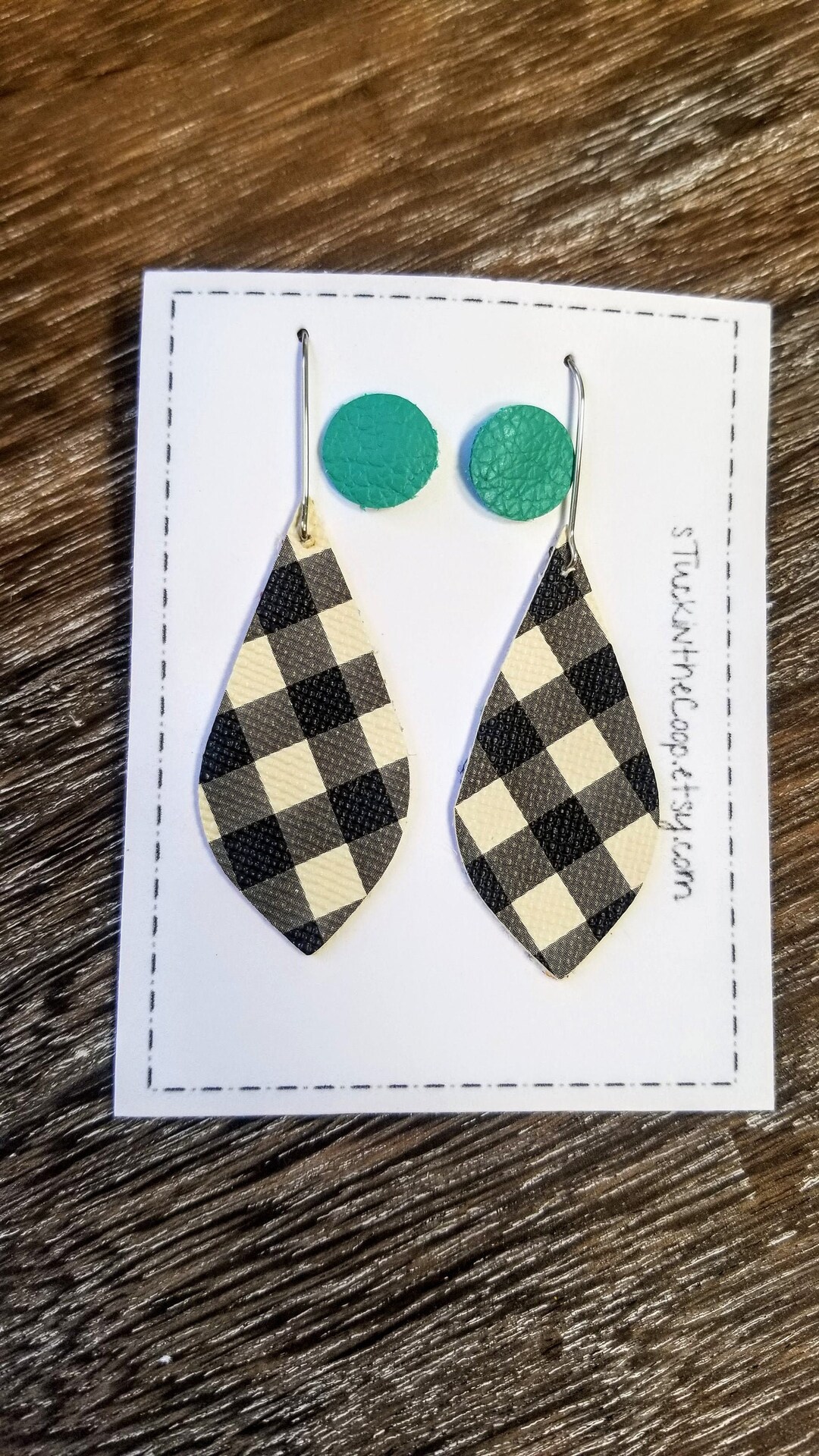 Faux Leather Black and White Plaid Drop and Leather Aqua Stud - Etsy