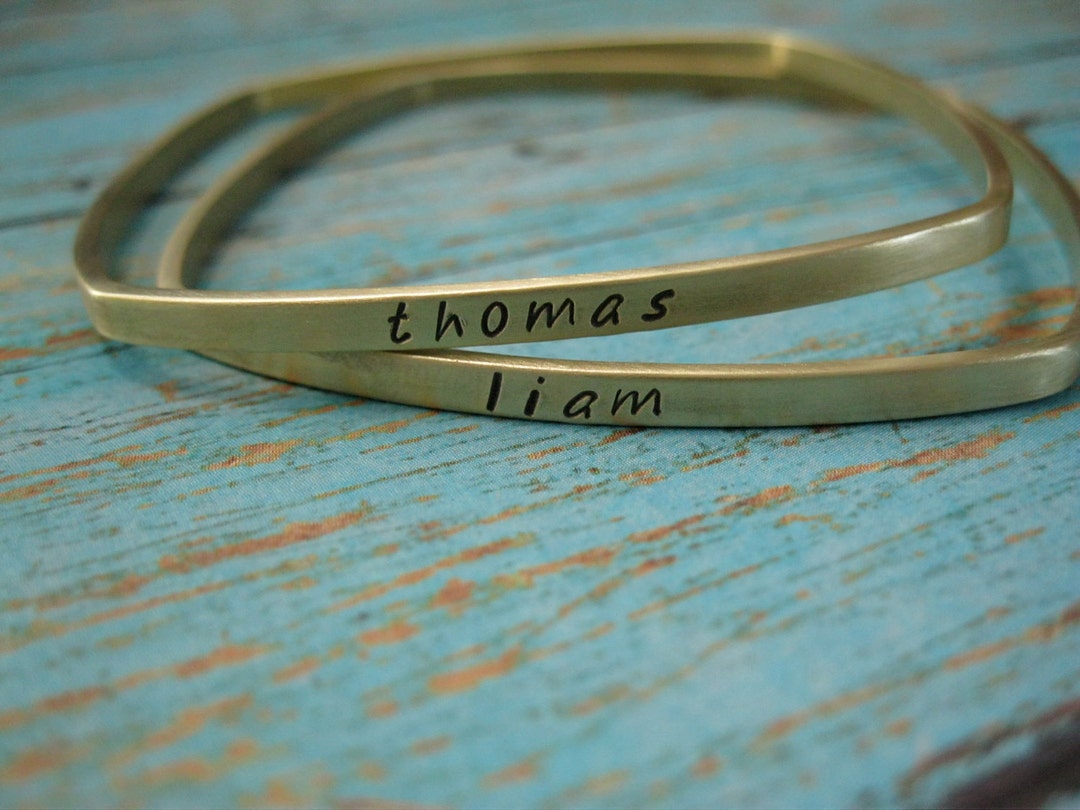 Personalized Brushed Brass Stacking Squre Bangle - Etsy