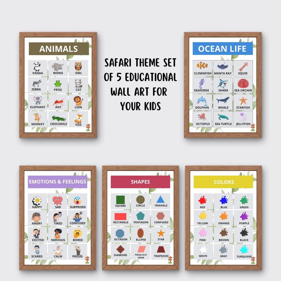 Set of 5 Educational Wall Art, Safari-theme,classroom Posters ...