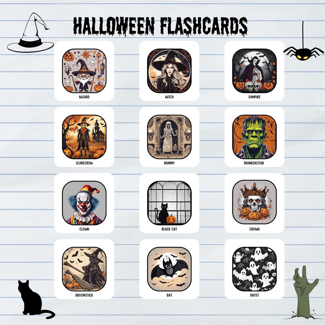 Halloween Flashcards for Kids | 24 Square Printable Flashcards ...