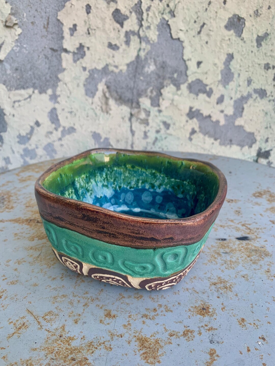 Square Ceramic Bowl in Turquoise, Teal, and Copper - Etsy