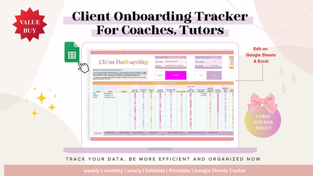 Client Onboarding Tracker Spreadsheet for Coaches, Tutors, CRM, Client ...