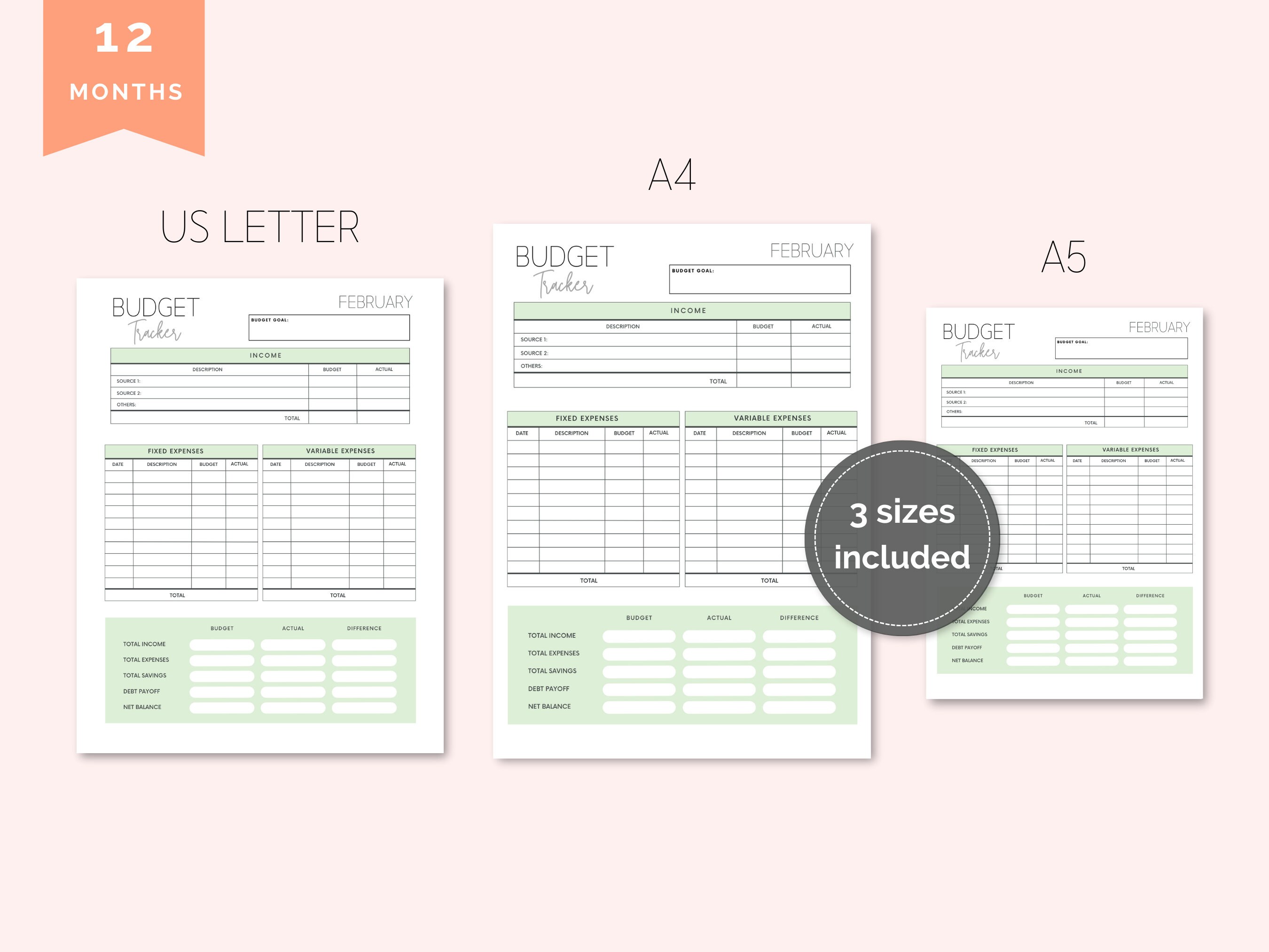 12-month Budget Tracker | Monthly Budget Planner | Printable PDF ...