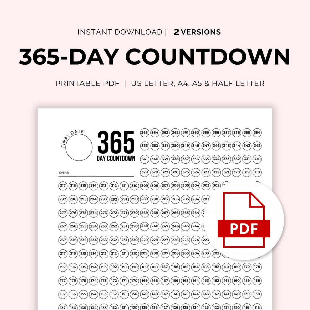 365 Day Countdown Tracker Printable: Retirement, Wedding, Vacation ...