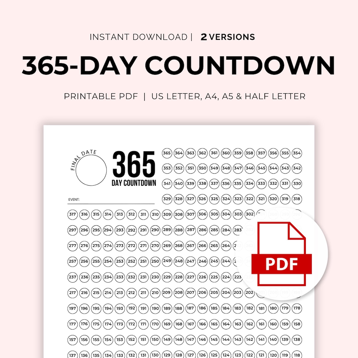 365 Day Countdown Tracker Printable: Retirement, Wedding, Vacation ...