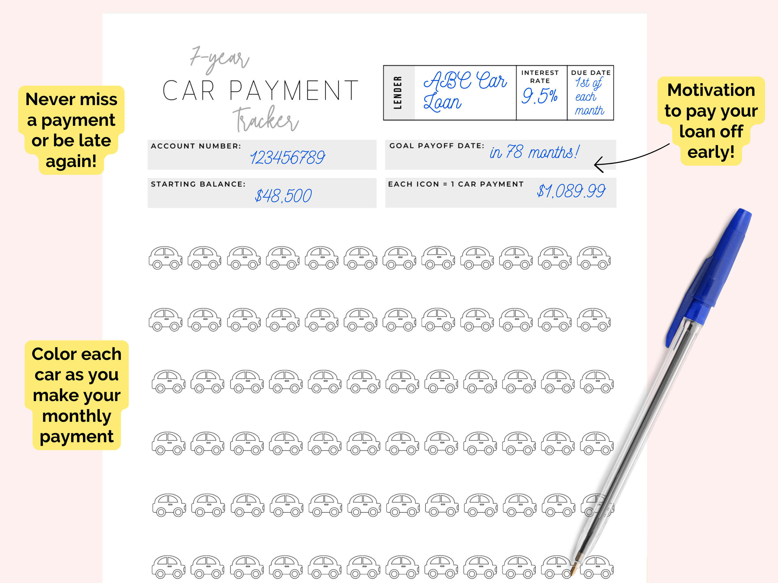 84 Months Car Loan Payment Tracker Printable: Instant PDF Download - Etsy