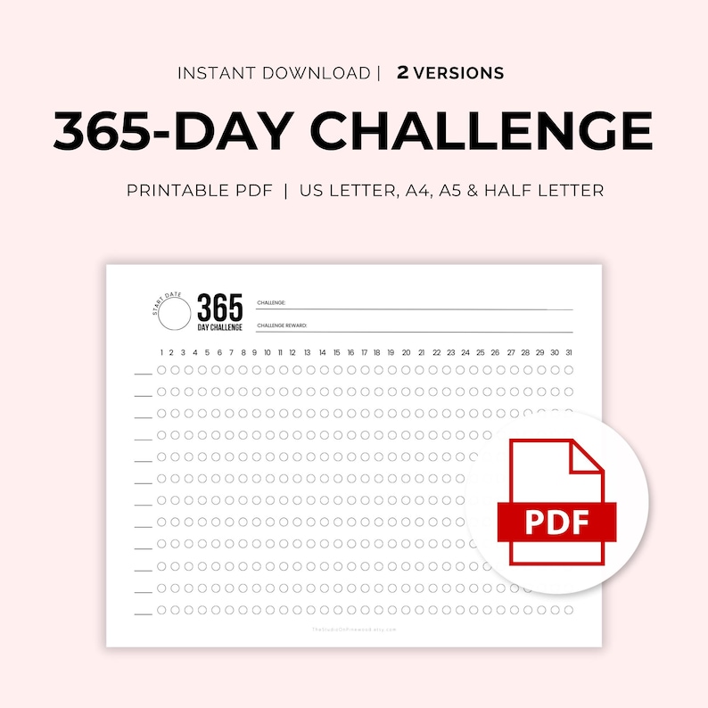 365-day Challenge | 365- Day Challenge Tracker | Printable PDF | Instant Download | 1 Page ...