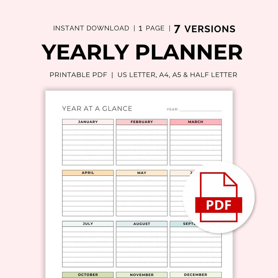 Year at a Glance Printable: Yearly Overview, (instant PDF Download) - Etsy
