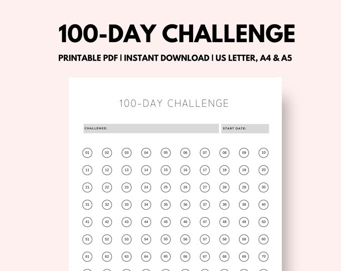 Printable & Editable 100 Day Challenge Goal Tracker | A4, A5, Letter ...