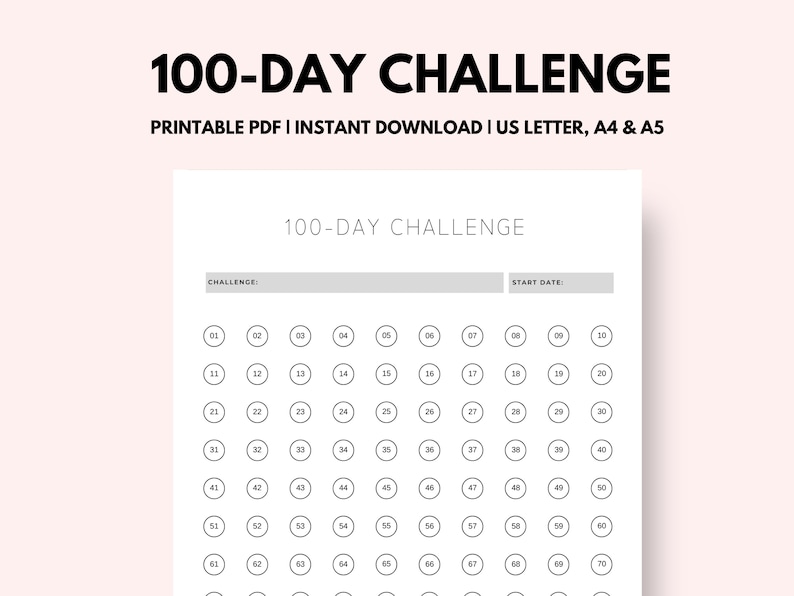 100 Days Challenge | 100- Day Challenge Tracker | Printable PDF ...