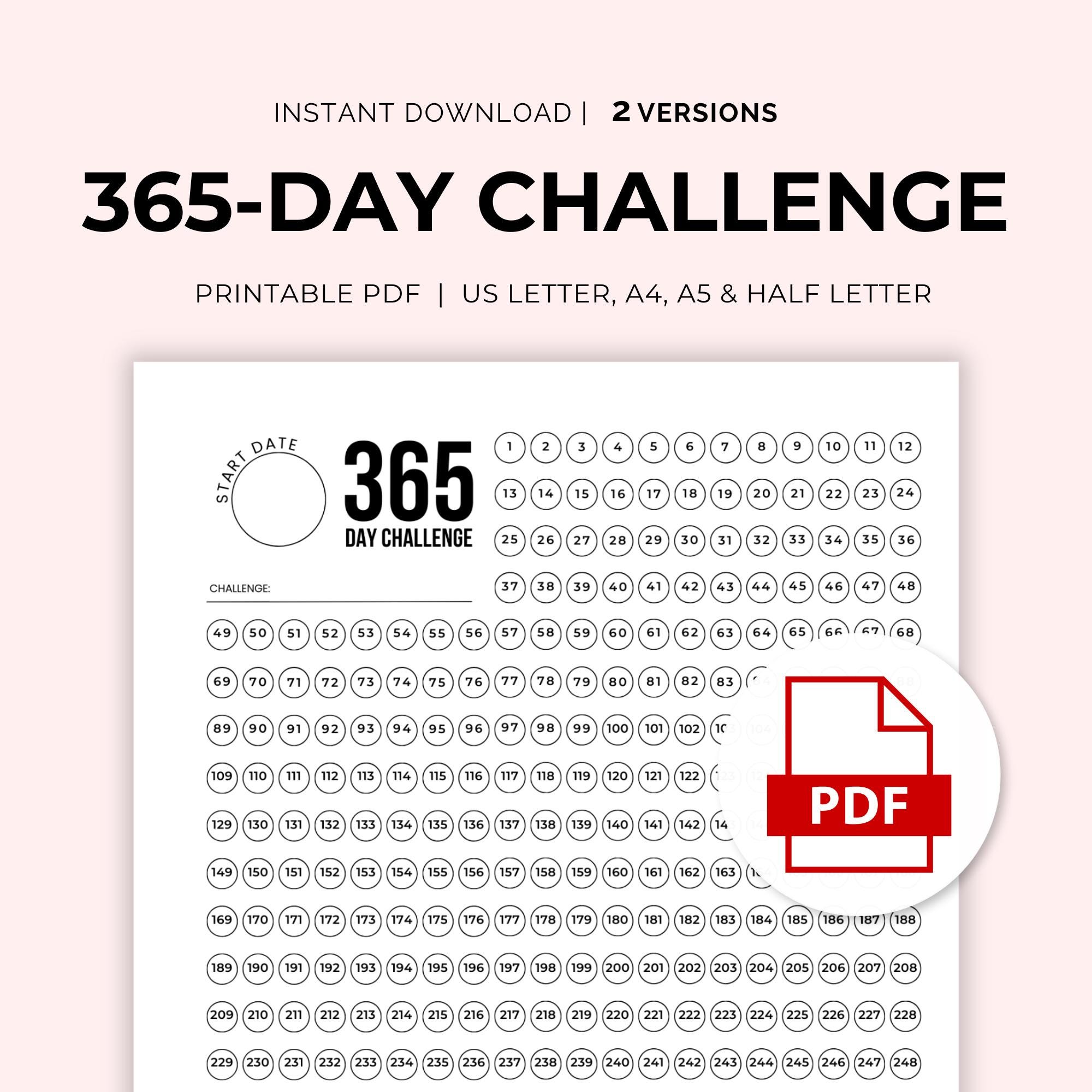 365-day Challenge | 365- Day Challenge Tracker | Printable PDF | Instant Download | 1 Page | US ...