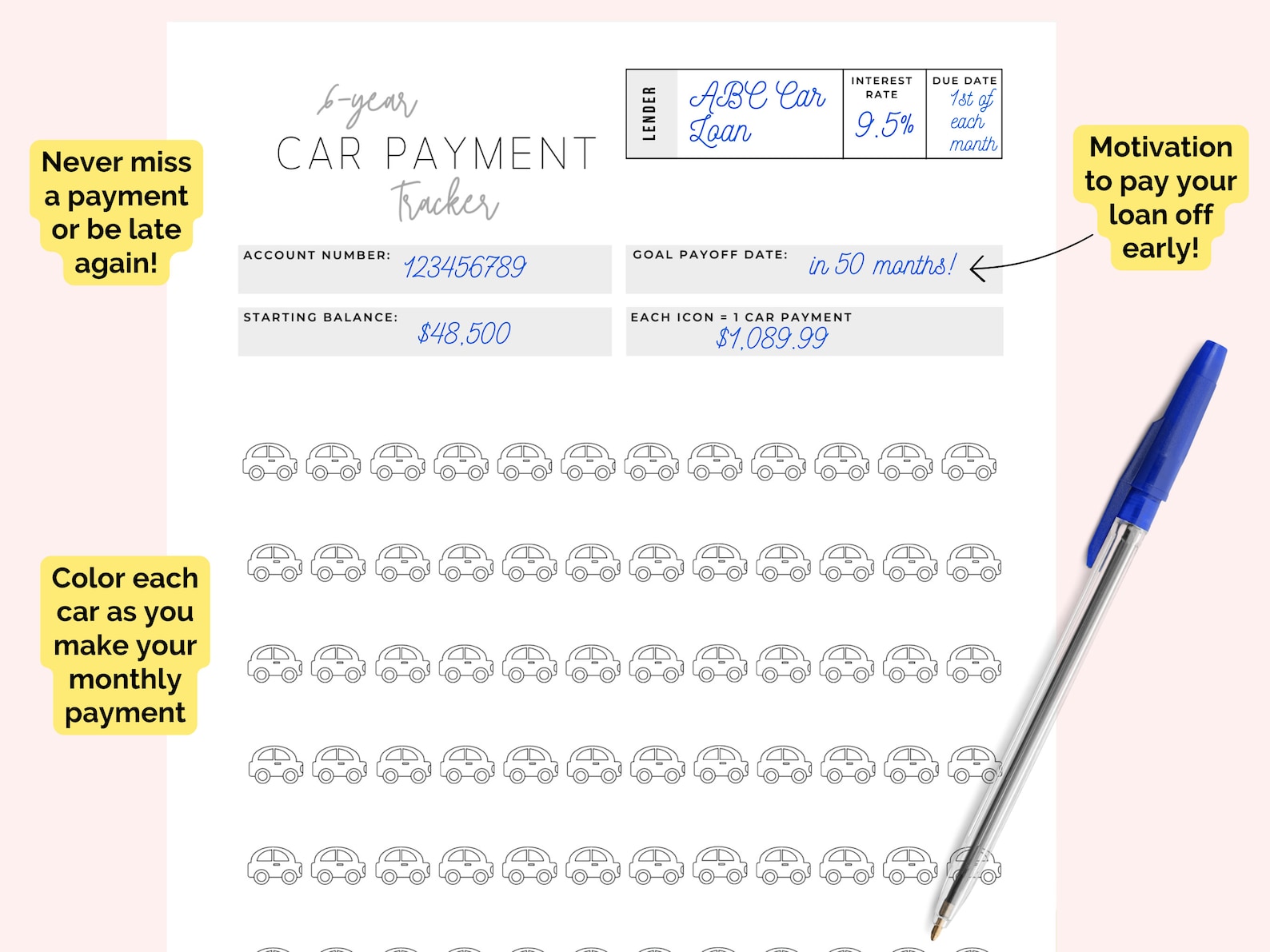 Car Loan Payment Tracker | 6 Year Car Payment Tracker | Debt Payoff ...
