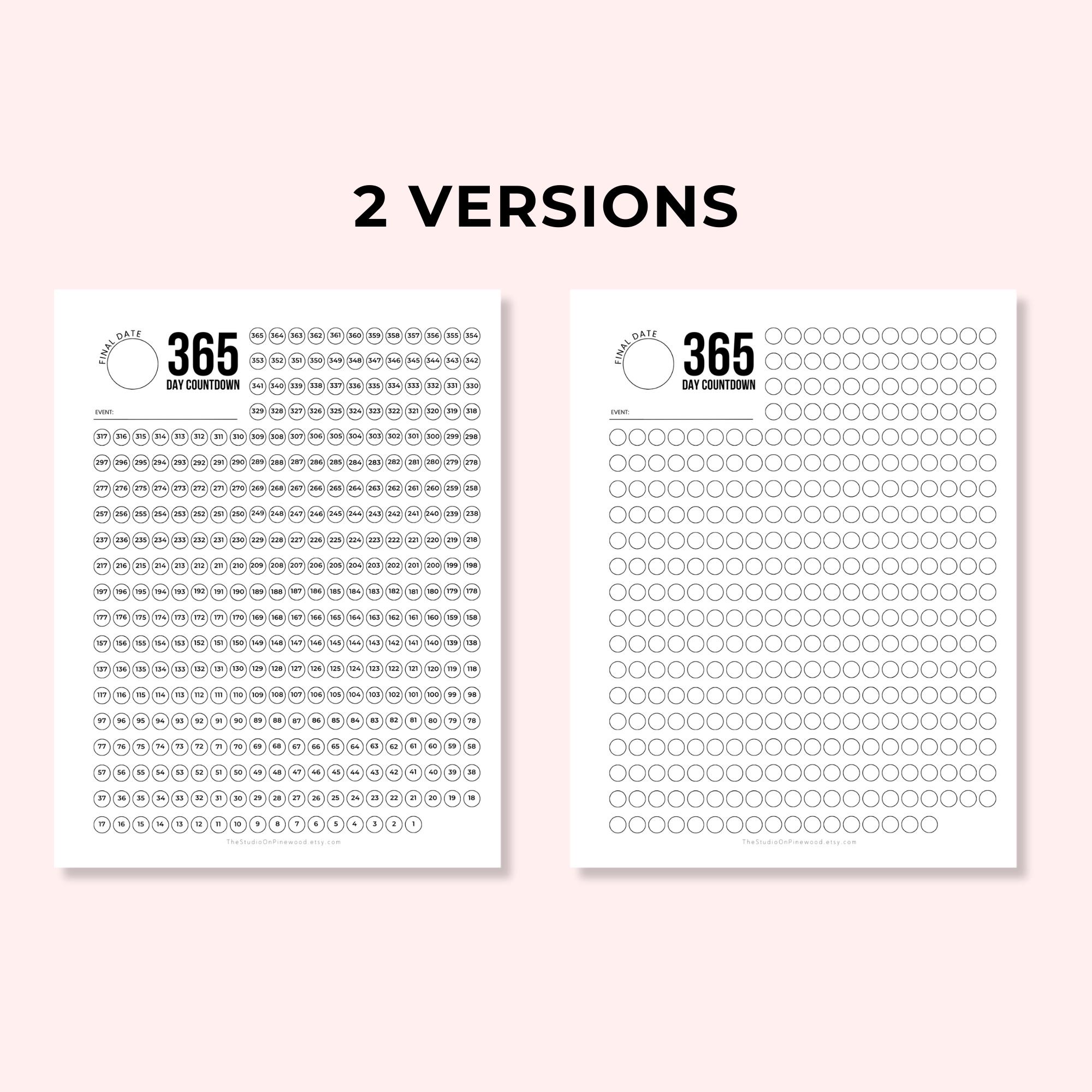 365 Day Countdown Tracker Printable: Retirement, Wedding, Vacation ...