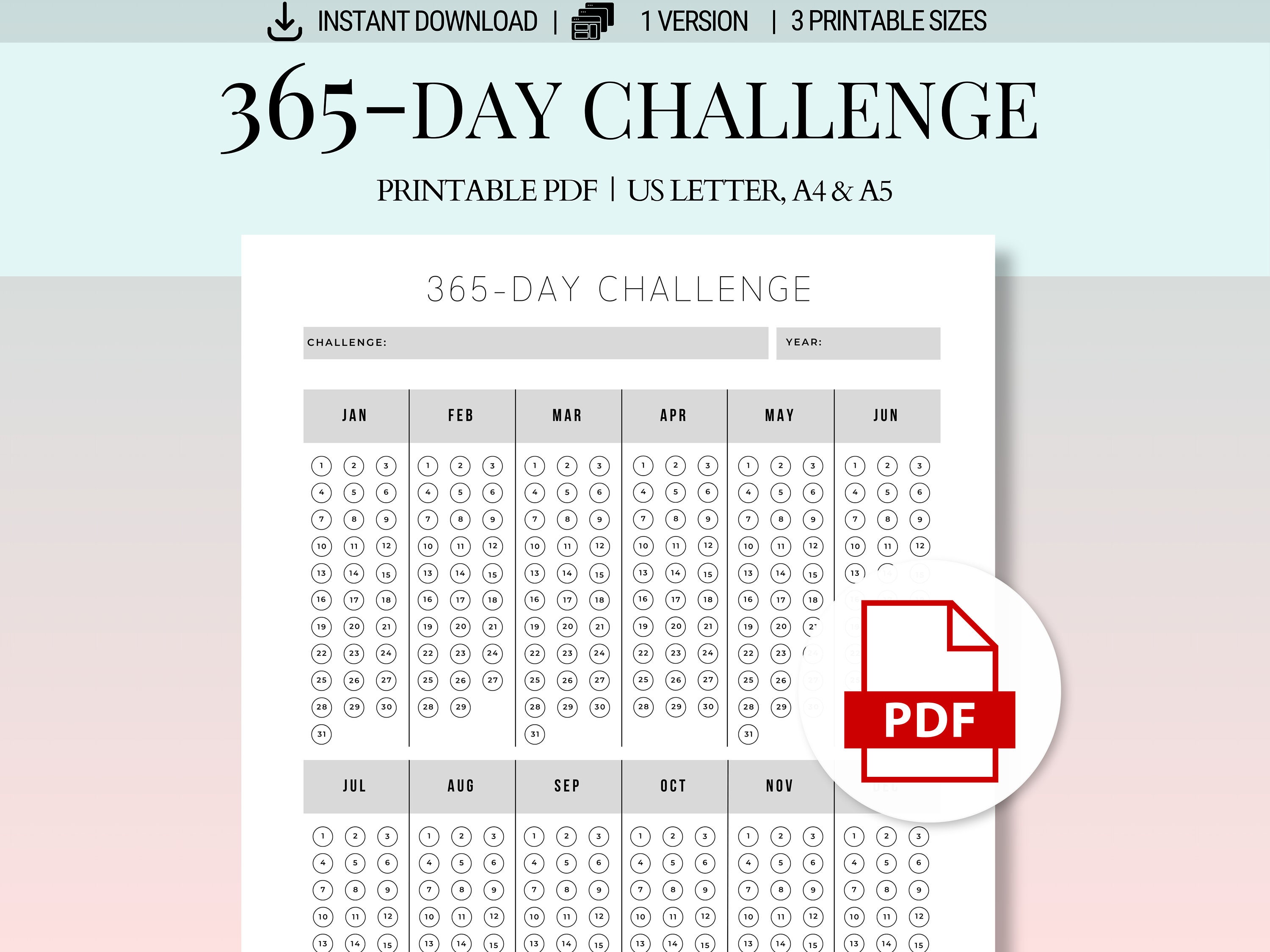 365-day Challenge 365 Day Challenge Tracker Printable PDF Instant ...