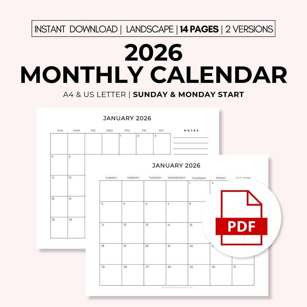 2026 Monthly Calendar Planner Printable 13 Months Calendar Sunday ...