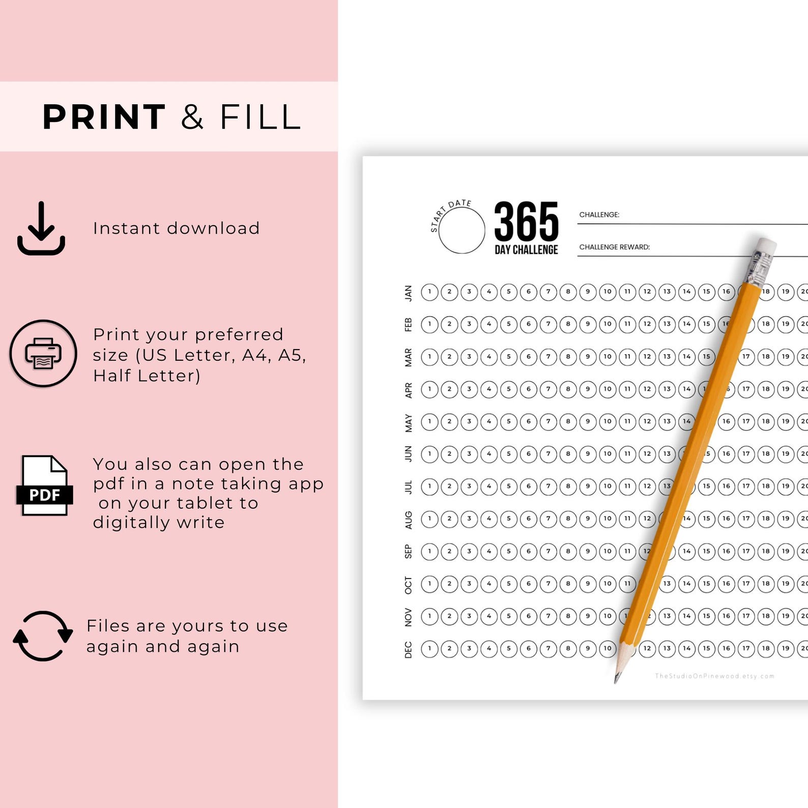 365-day Challenge Tracker: Printable Circle Chart Landscape (instant ...